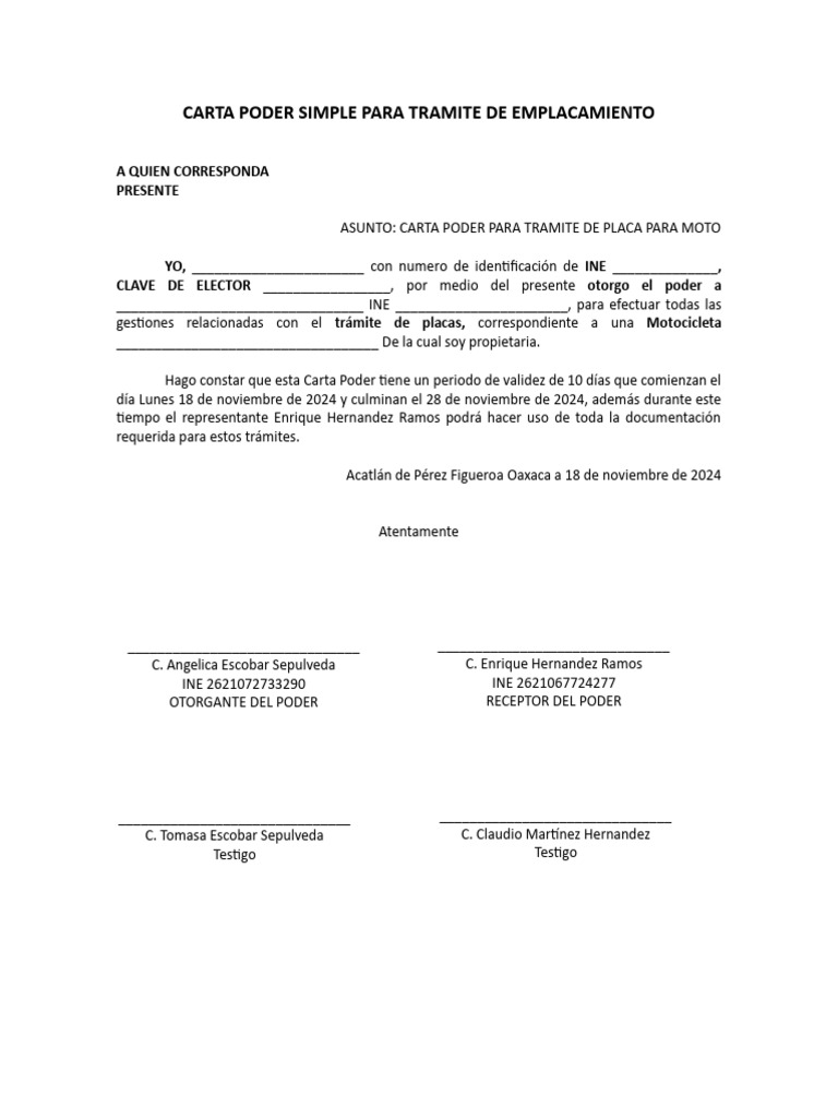 Carta Poder Simple para Tramite de Emplacamiento | PDF