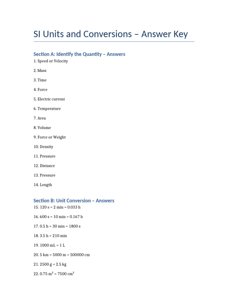SI Units and Conversion Answers Guide | PDF