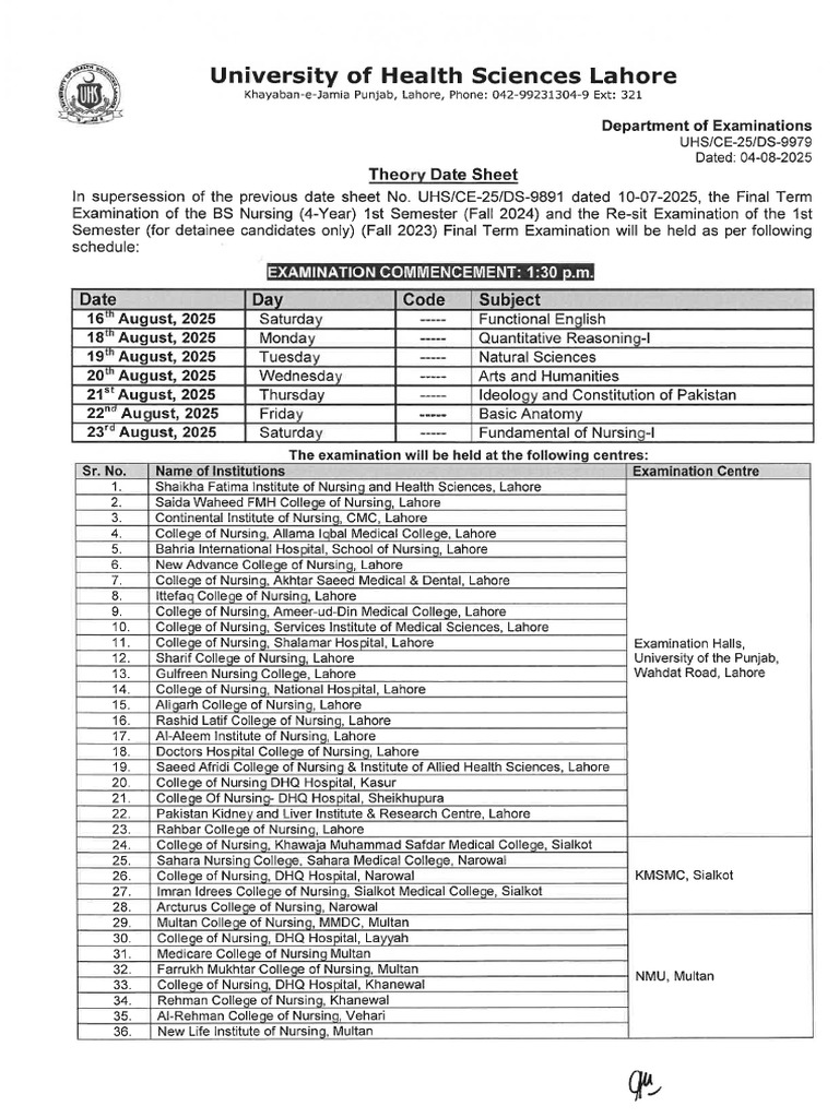 UHS-1st Semester New Revised Date Sheet | PDF