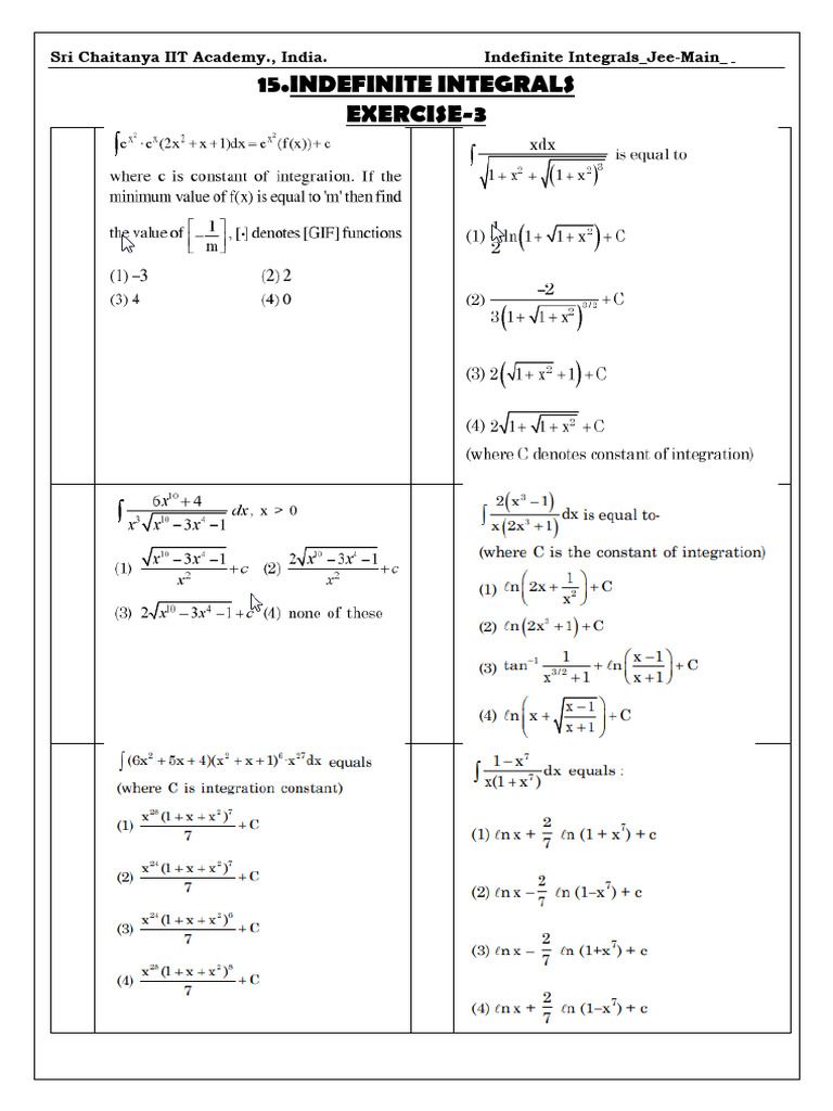Indefinite Integrals Exercise Guide | PDF