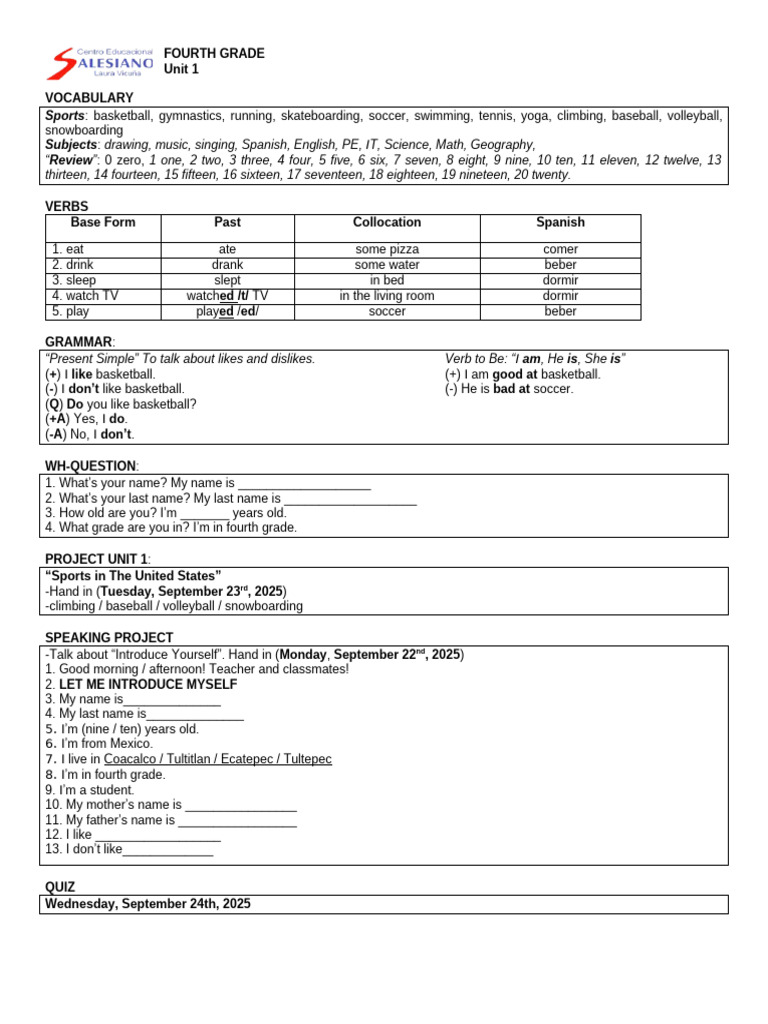 Content Sheet Fourth Unit 1 September | PDF