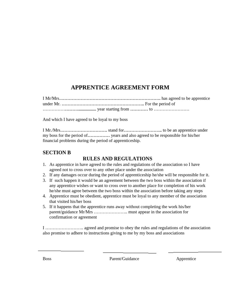 Apprentice Agreement Form Pdf