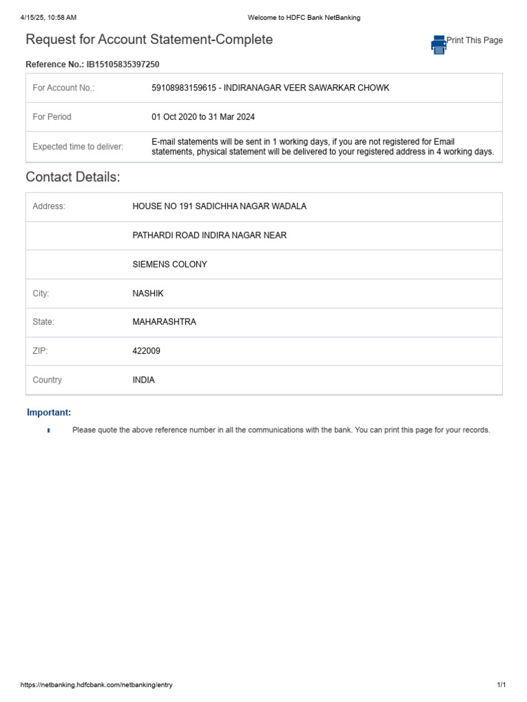 HDFC NetBanking Account Statement Request | PDF
