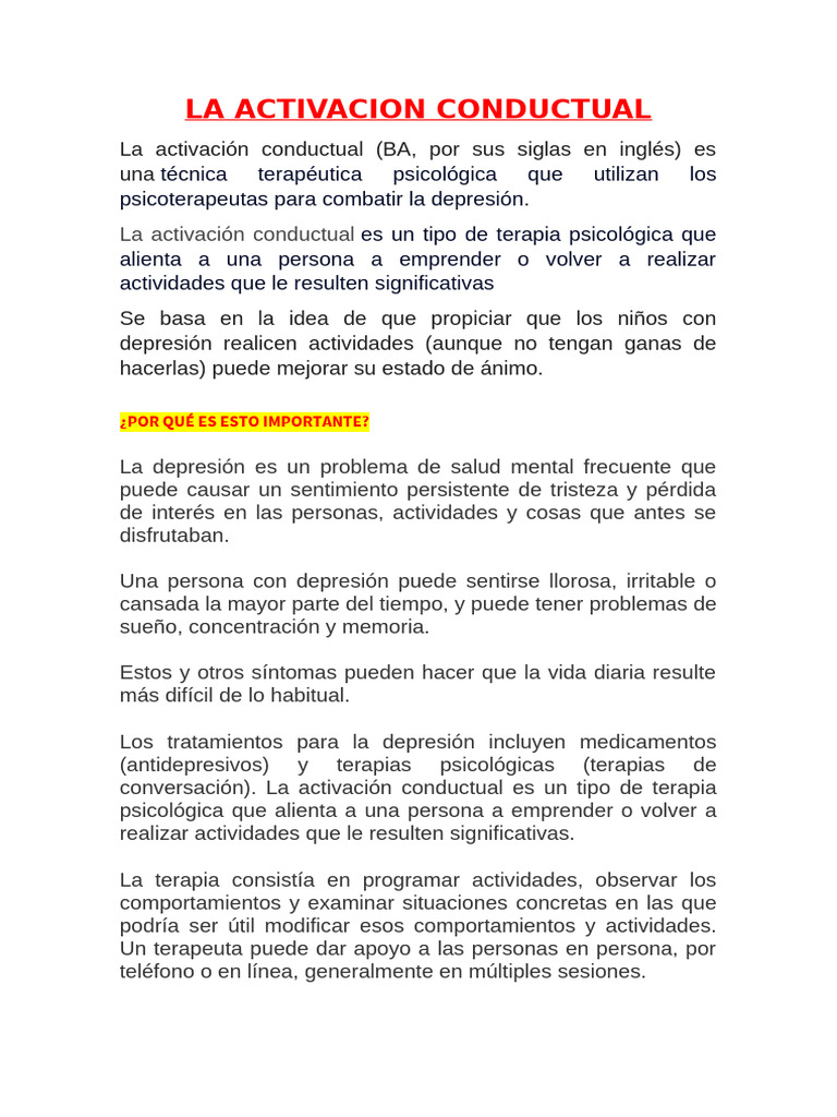 Activación Conductual para la Depresión | PDF | Trastorno depresivo ...