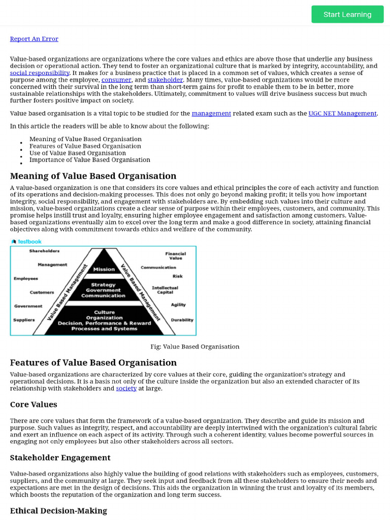 Value Based Organisation Notes For The UGC NET Management Exam | PDF