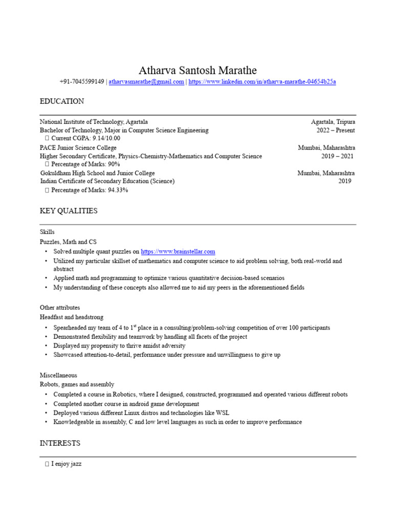 Atharva Santosh Resume - 22UCS190 AtharvaMarathe | PDF