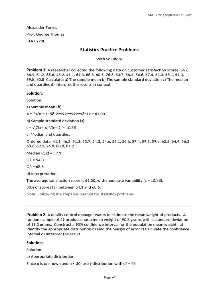 MATH 323 Statistics Solutions 2959 | PDF | Median | Standard Deviation