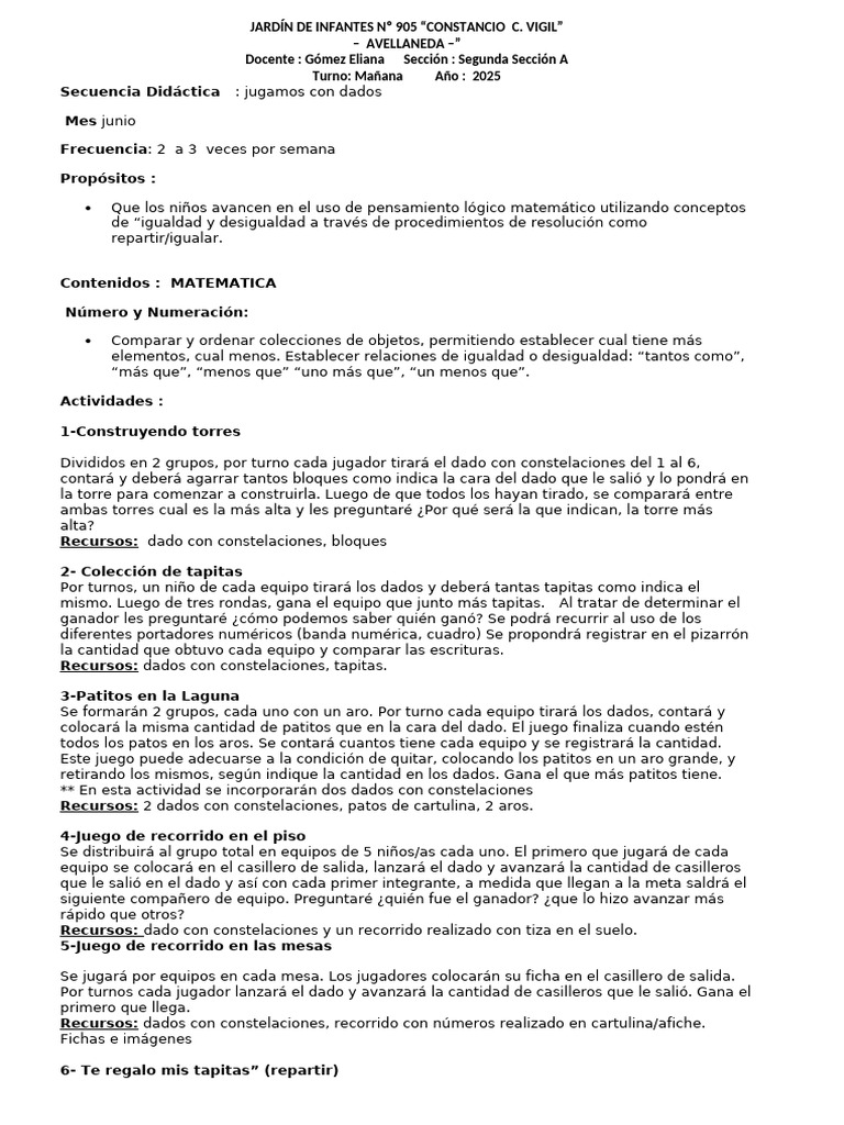 Actividades Matemáticas con Dados para Niños | PDF