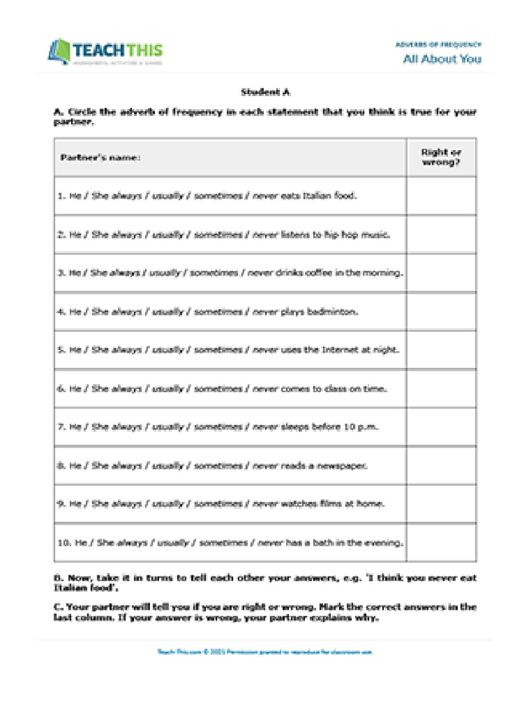 Adverbs of Frequency Worksheet 2 | PDF