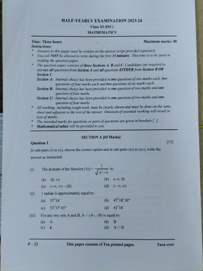 Class XI Maths Half Yearly Paper 2023-24 | PDF
