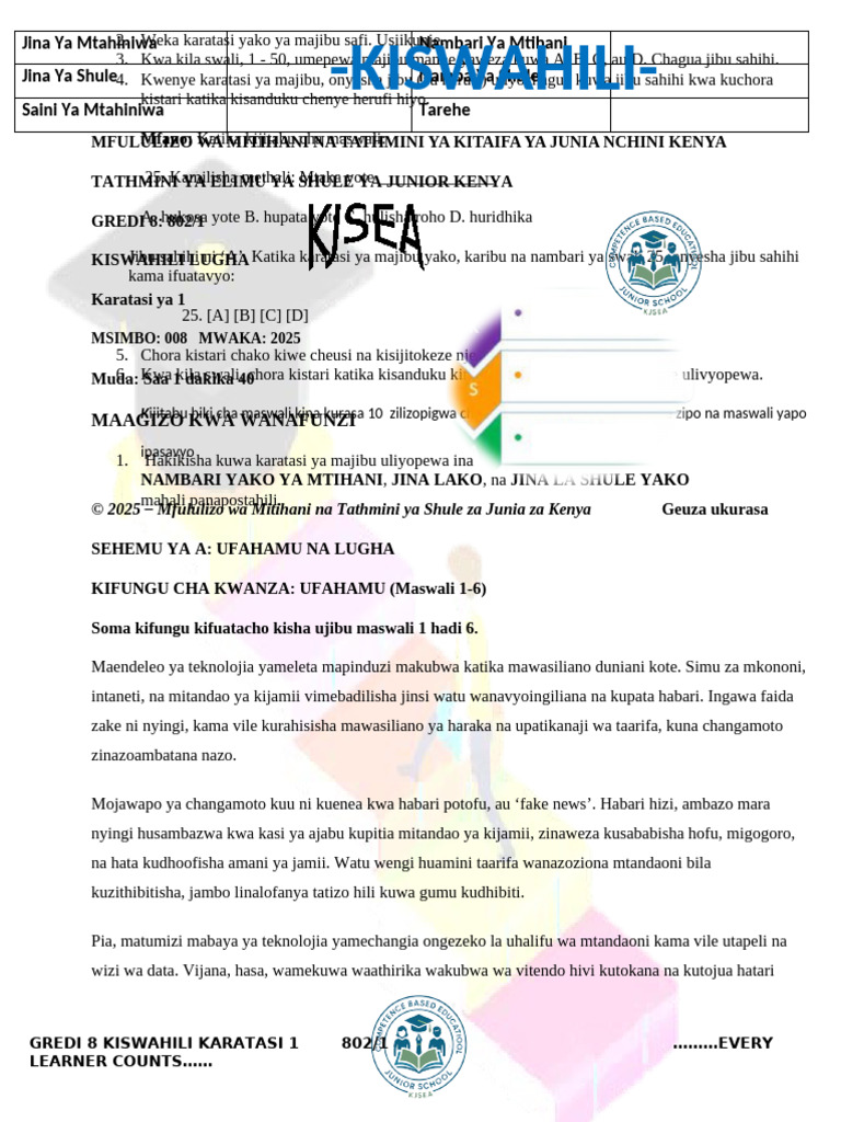 Grade 8 Kiswahili Pp1 | PDF