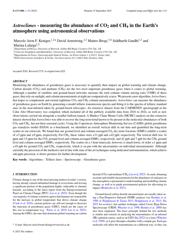 Astroclimes: - Measuring The Abundance of CO and CH in The Earth's ...