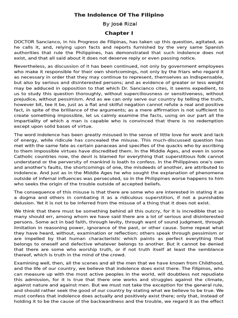 The Indolence of The Filipino | PDF