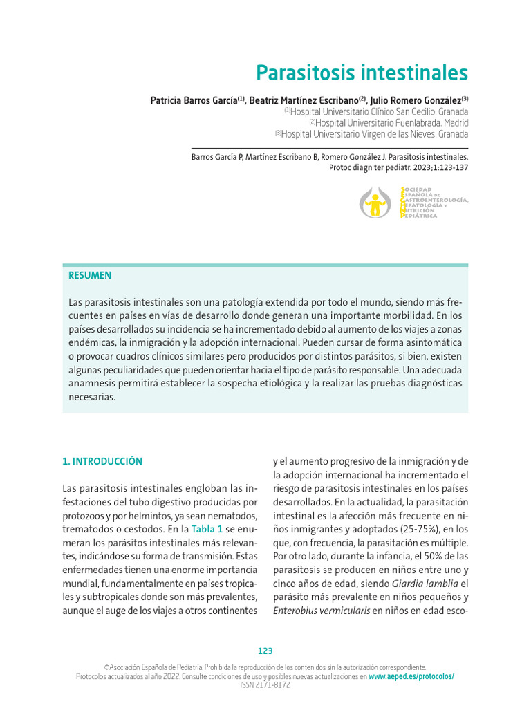 Parasitosis Intestinales. Protoc Diagn Ter Pediatr. 2023; 1_123-137 ...
