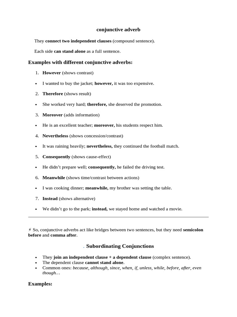 Conjunctive Adverbs vs. Subordinating Conjunctions | PDF
