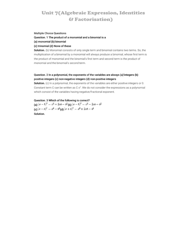 Algebraic Expressions MCQs and Solutions | PDF | Area | Factorization