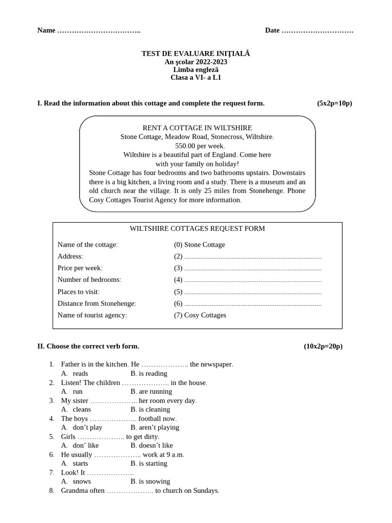 6th Grade Initial English Test | PDF
