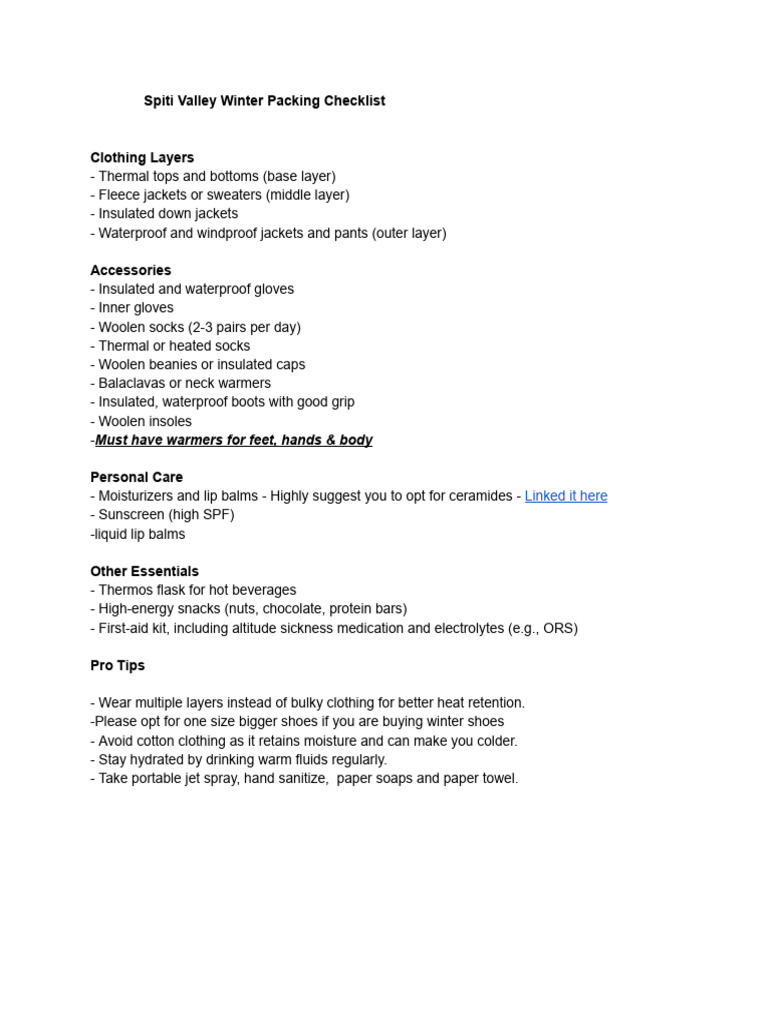 Spiti Packing Checklist Simran | PDF