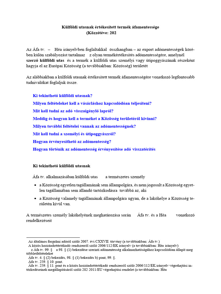 Külföldi Utasnak Értékesített Termék Áfamentessége 2025.01.20 | PDF