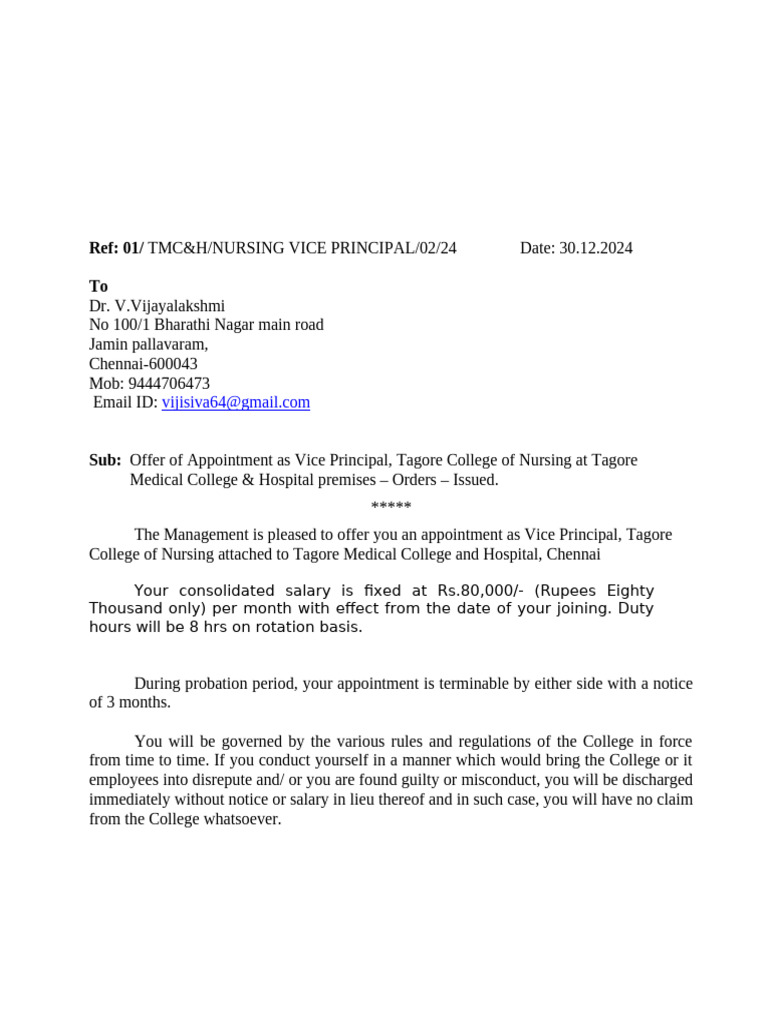 Appointment Offer: Vice Principal Nursing | PDF