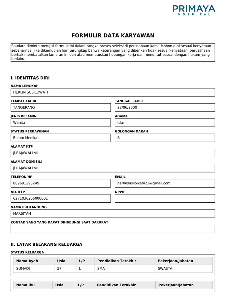 Form Lamaran - Herlin Susilowati | PDF