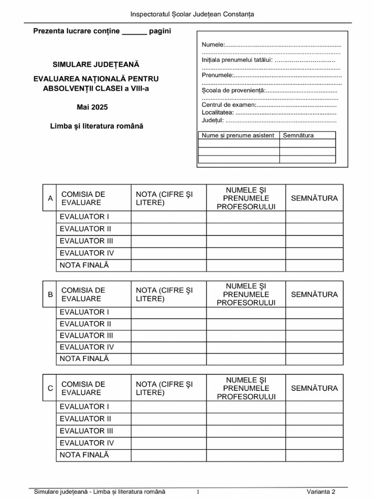 Subiecte Simulare Enviii2025 Romana Constanta Mai2025 Var PDF | PDF