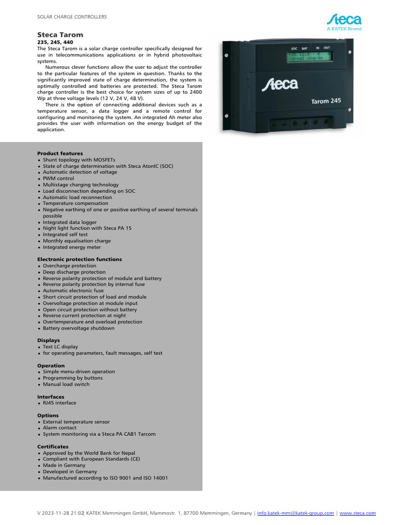 Steca Tarom Productdatasheet en | PDF | Manufactured Goods ...