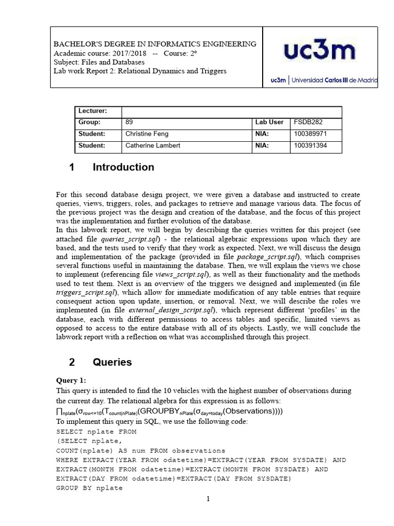 Files & Databases: Relational Dynamics and Triggers Lab Report | PDF | Databases | Sql