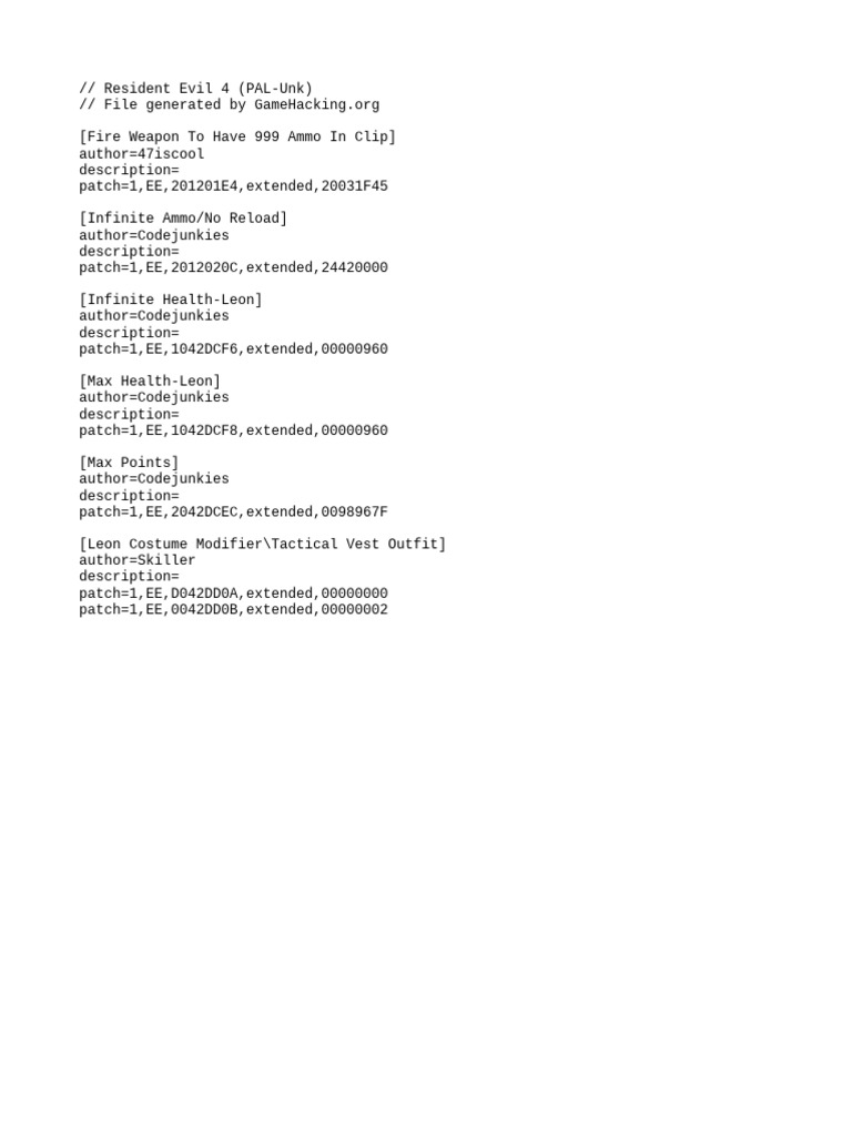 Resident Evil 4 Cheat Codes & Patches | PDF