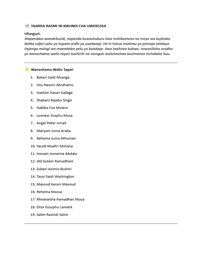 ? Taarifa Rasmi Ya Kikundi | PDF