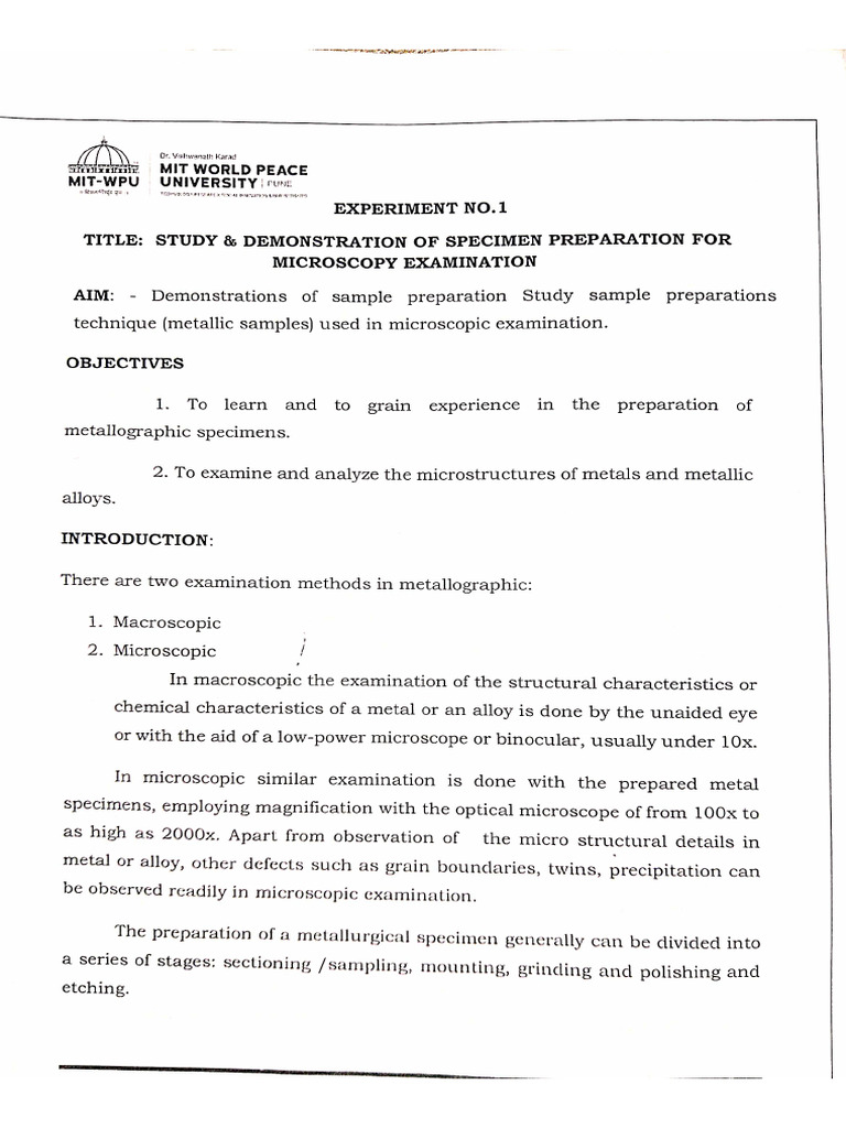 Ex. 1 Specimen Preparation For Microscopic Examination | PDF