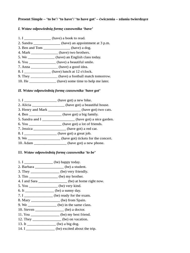 Present Simple - To Be - To Have - To Have Got - Ćwiczenia - Zdania ...