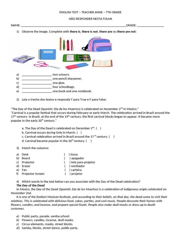 7th Grade English Test Overview | PDF