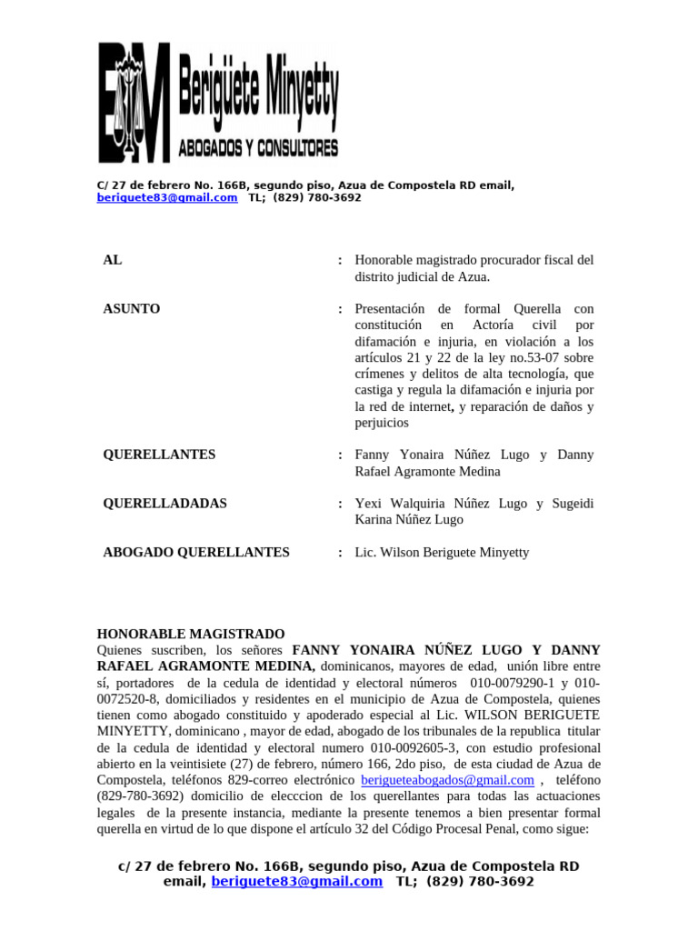 Querella por Difamación en Azua RD | PDF | Queja | Daños y perjuicios