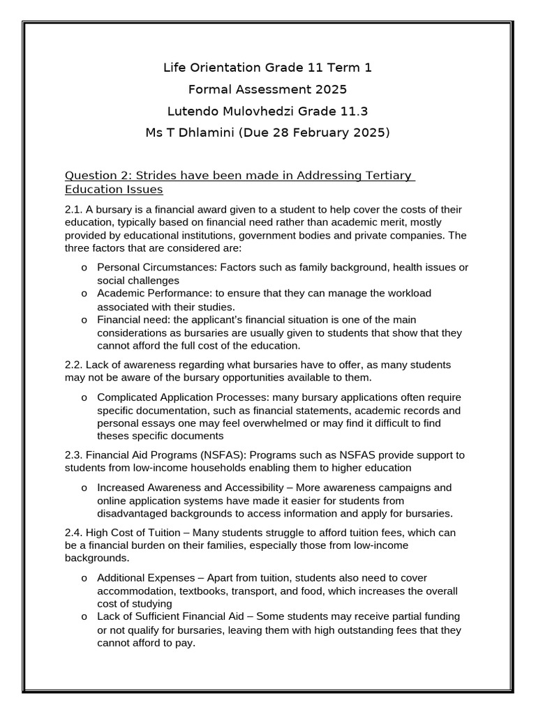 Life Orientation Assignment Term 1 2 | PDF | Tuition Payments