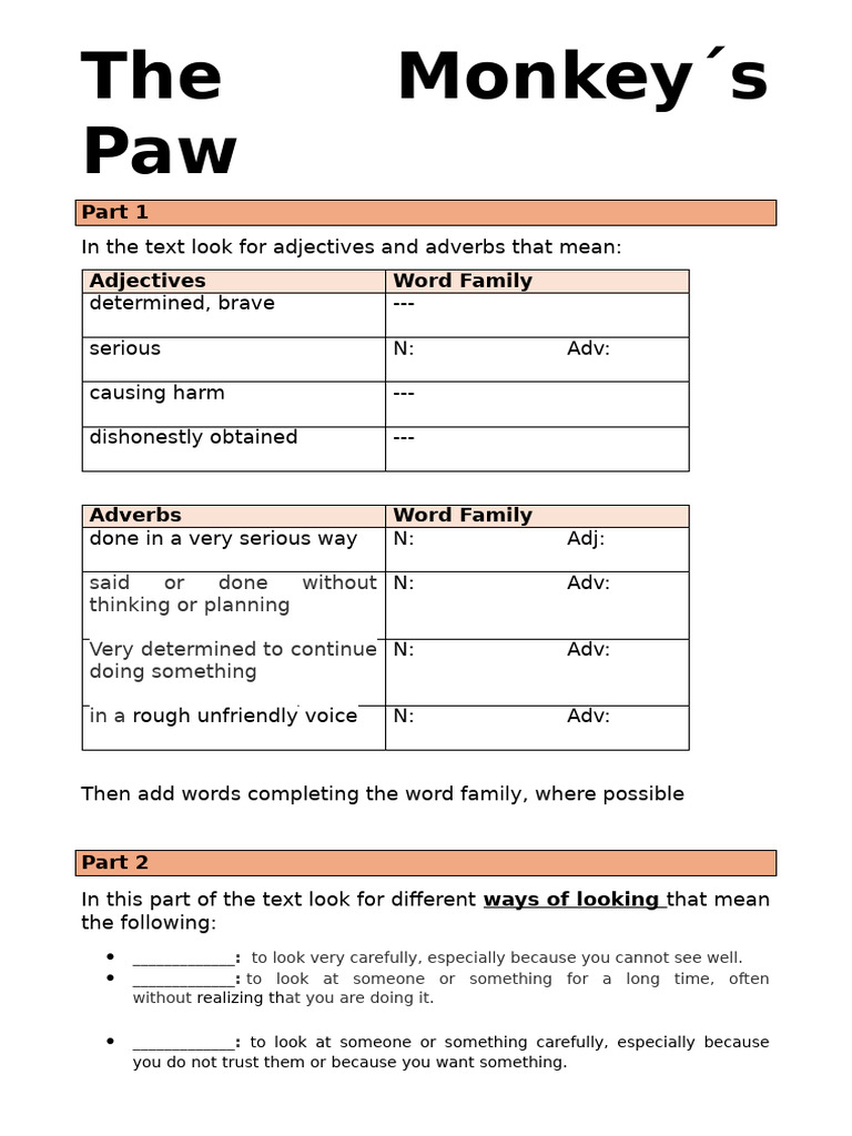 Vocabulary Exercises for "The Monkey's Paw" | PDF