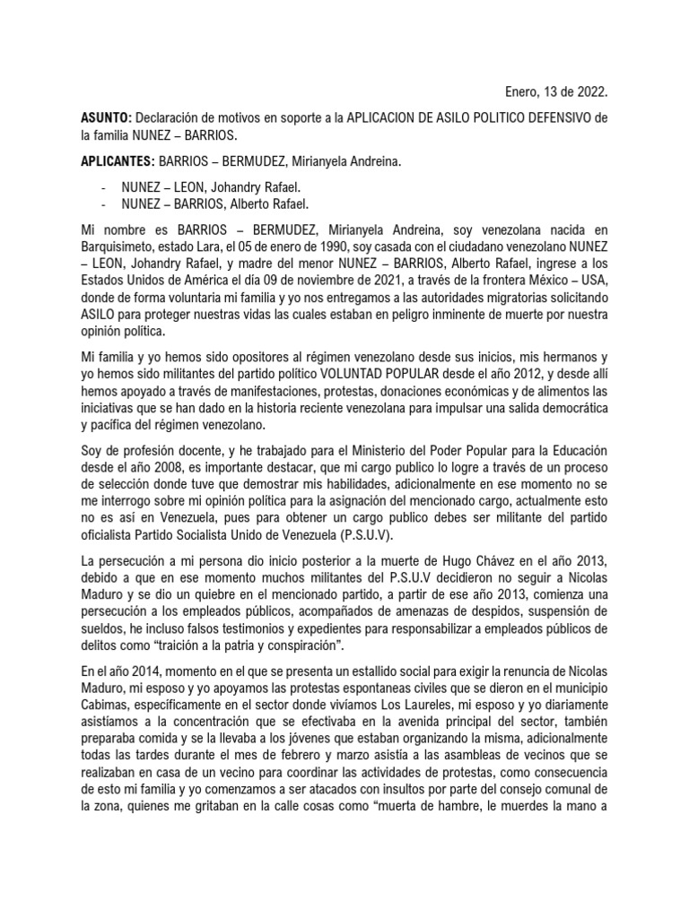 Asilo Político de la Familia Núñez-Barrios | PDF | Nicolás Maduro ...