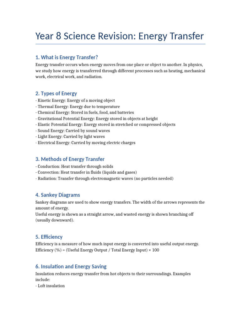 Year 8 Energy Transfer Revision Guide | PDF
