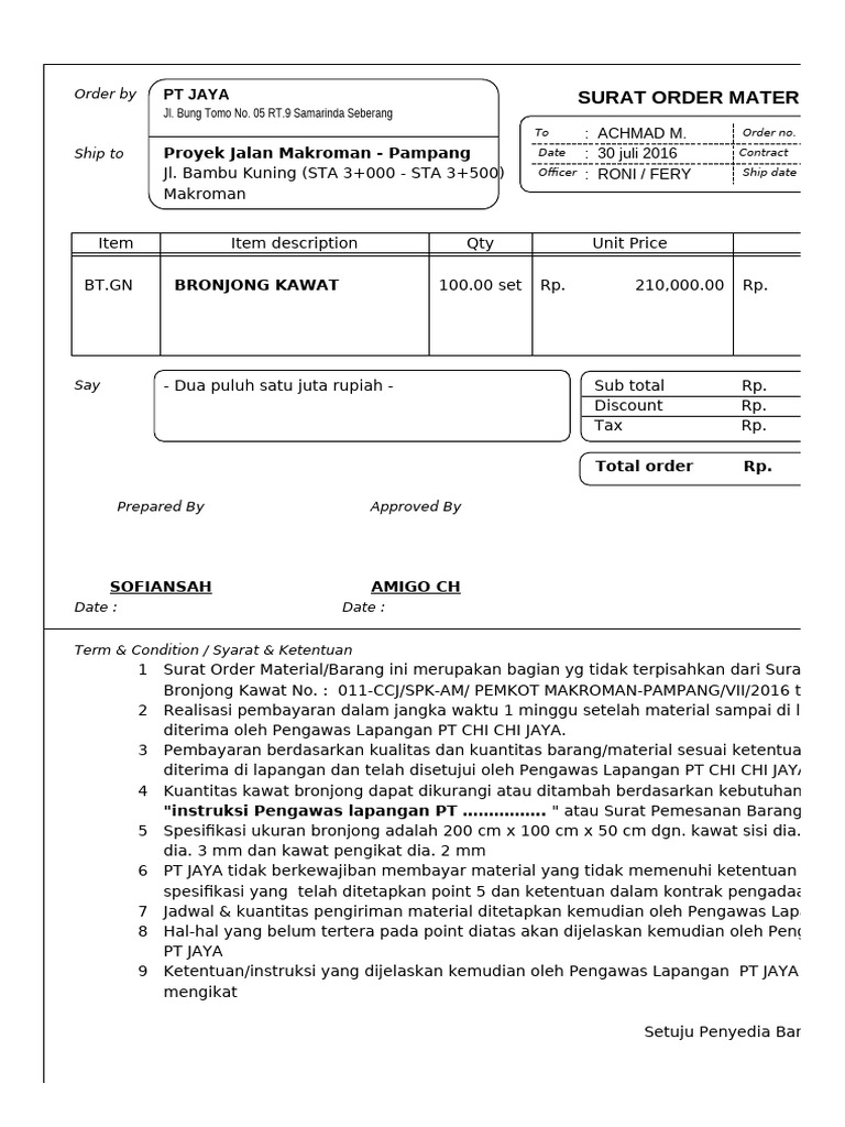 Surat Order Material Bronjong Kawat | PDF