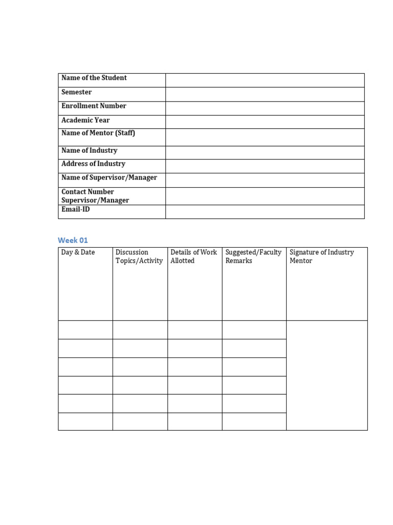 Internship Daily Diary Template | PDF | Educational Stages | Higher ...