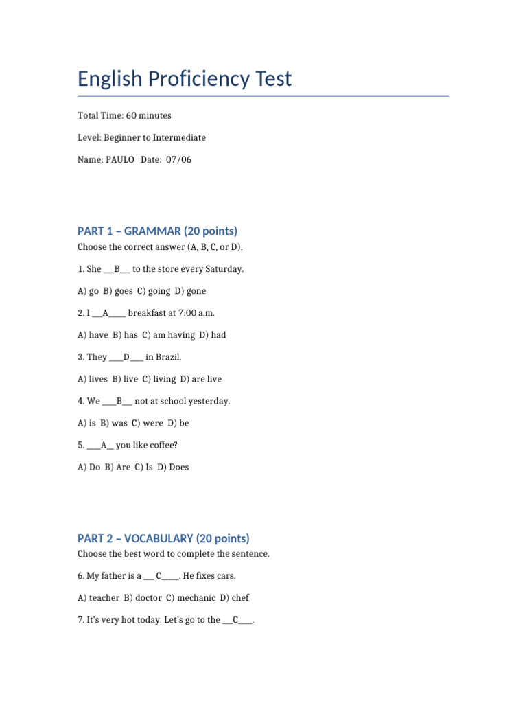 Beginner English Proficiency Test | PDF
