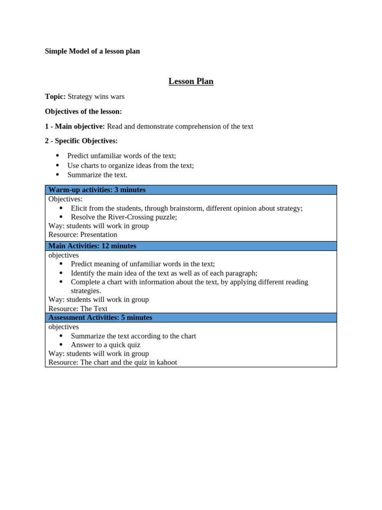 Lesson Plan: Strategy Wins Wars | PDF