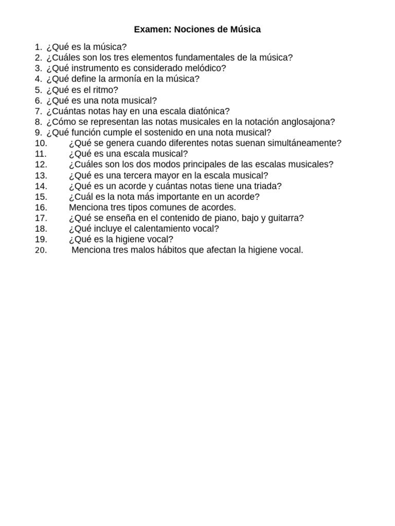 Examen de Nociones Básicas de Música | PDF