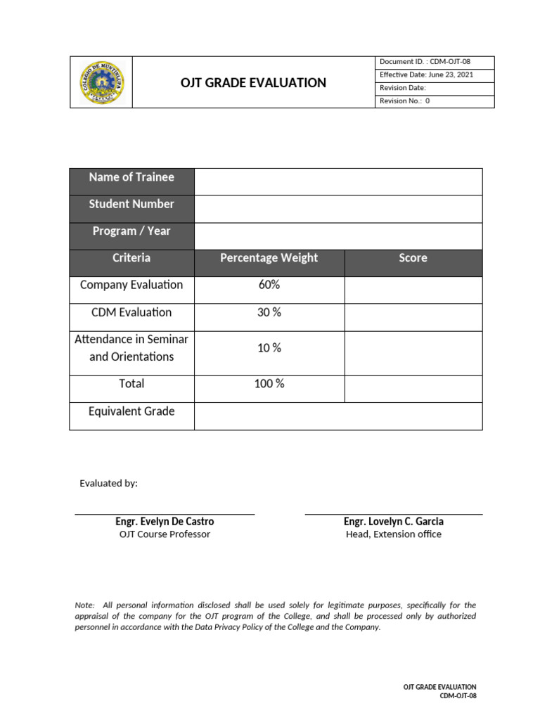 OJT Grade Evaluation Criteria | PDF