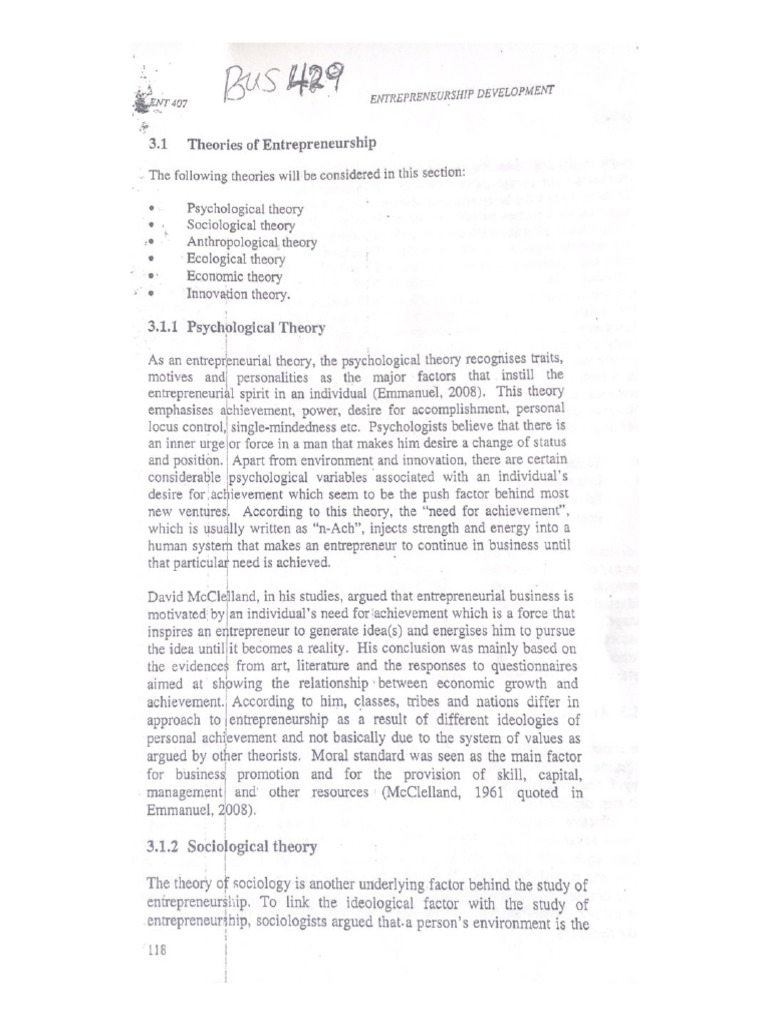 Bus 429 Theories of Entrepreneurship | PDF