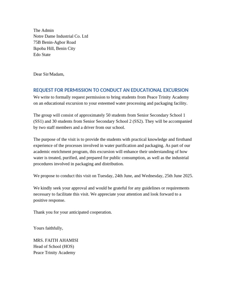Educational Excursion Request Letter | PDF