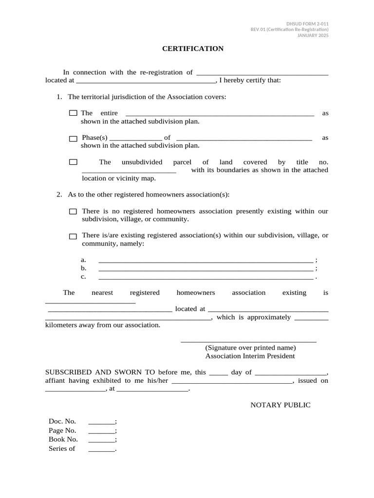 Certification As To Existing HOA Re-Registration v2024 | PDF ...