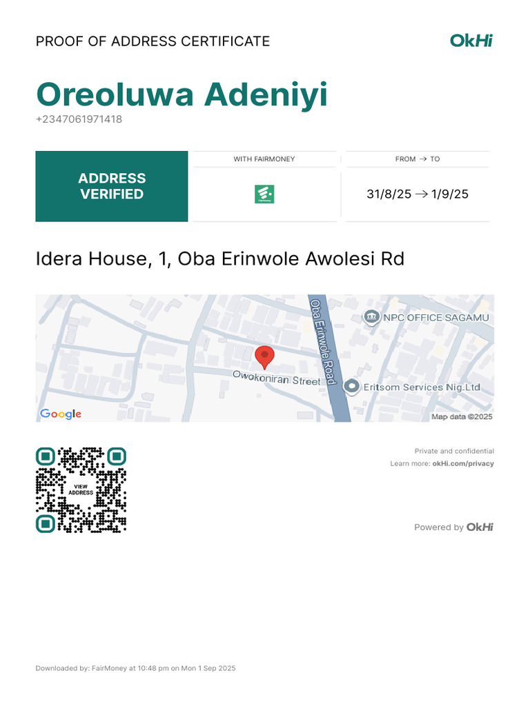 Oreoluwa Adeniyi - OkHi Proof of Address Certificate | PDF