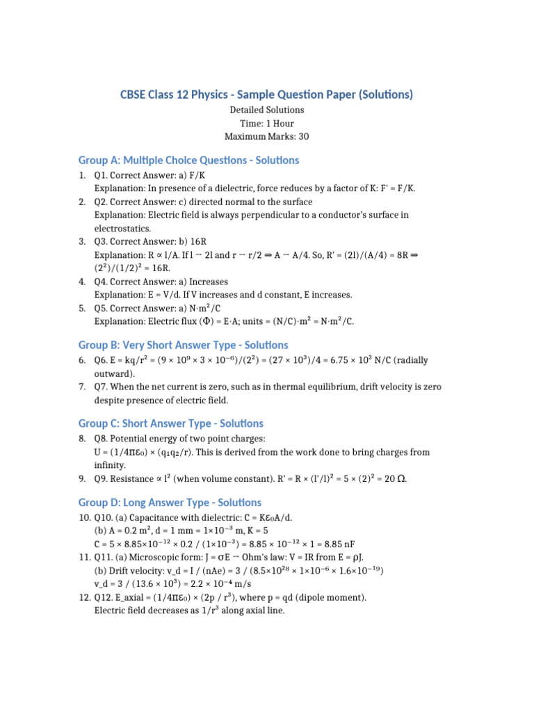 CBSE Class 12 Physics Sample Paper Solutions | PDF