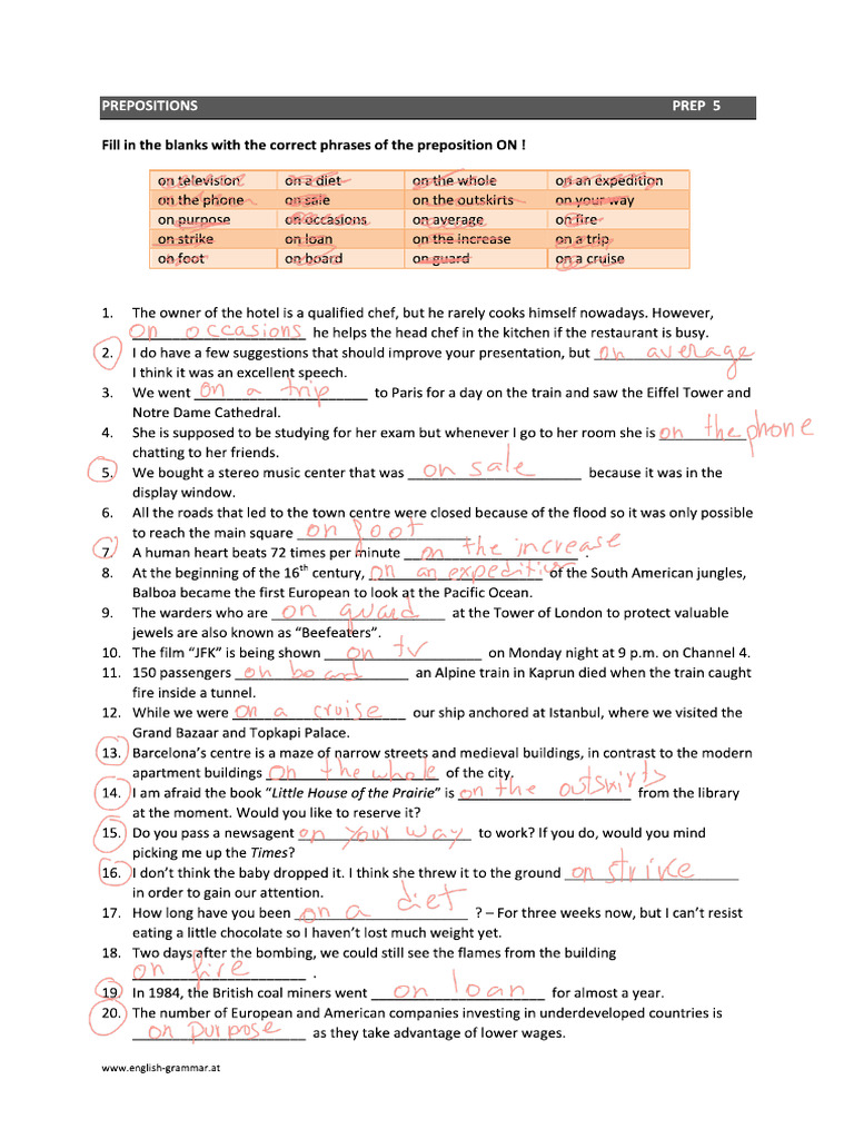 Prepositions Homework | PDF